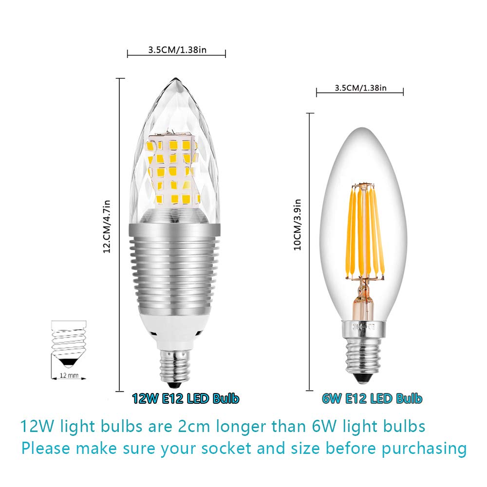AHEVO E12 LED Candelabra Light Bulbs, 12W, Equivalent 85-100W Incandescent Bulb,1200 Lumens, White 6000K, Candelabra Base, Non-dimmable, Chandelier Bulb, Pack of 6