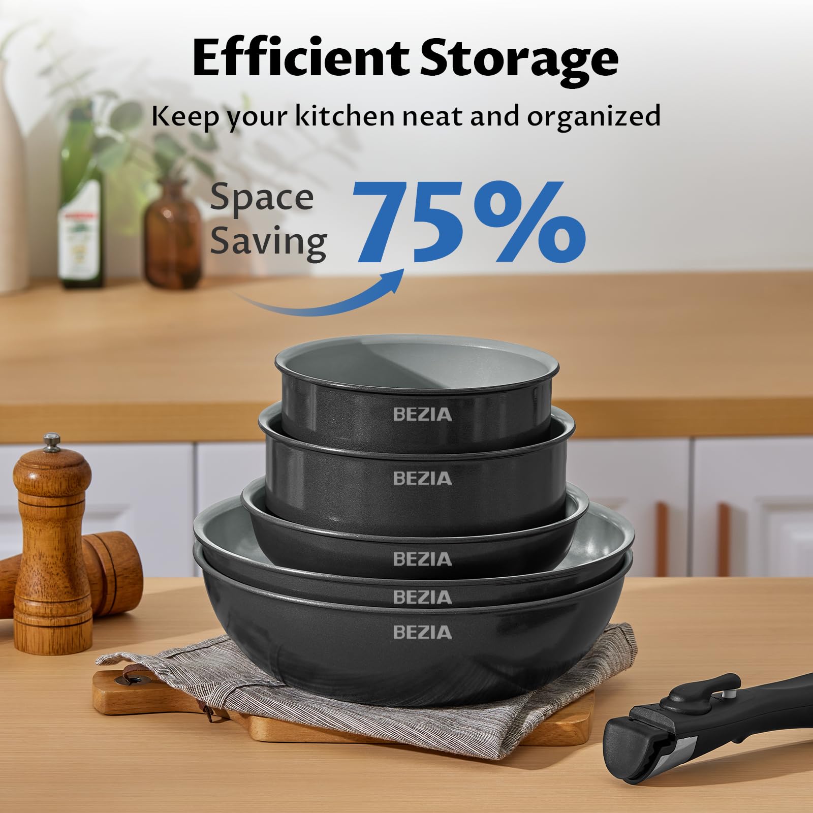 BEZIA Induction Cookware with Healthy Ceramic Coating, Nonstick Pots and Pans Set 13pcs with Detachable Handles, Induction RV Kitchen Set with Removable Handles, Oven Safe