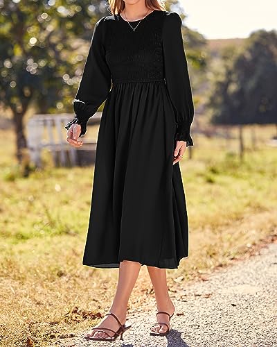 dowerme Women Casual Petal Long Sleeve Crewneck Smocked A-Line Flowy Solid Maxi Dress Fall Winter Party Cocktail Dresses(Solid Black,Large)