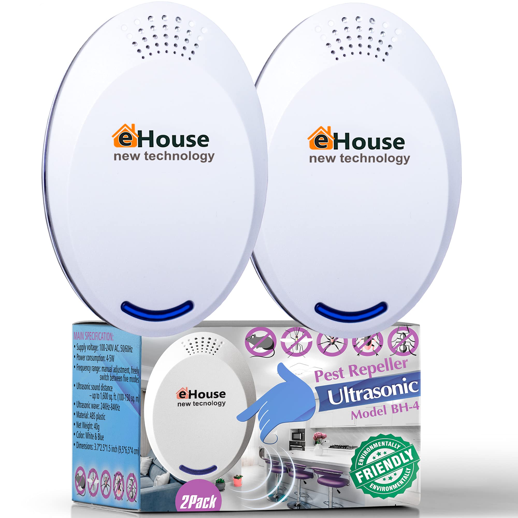 BH-4, Ultrasonic Pest Control Repeller - Electronic & Ultrasound, Indoor Plug-in Repellent - Get rid of - Rodents, Mice, Squirrels, Bats, Insects, Bed Bugs, Ants, Fleas, Spiders, Roaches (2 Pack)