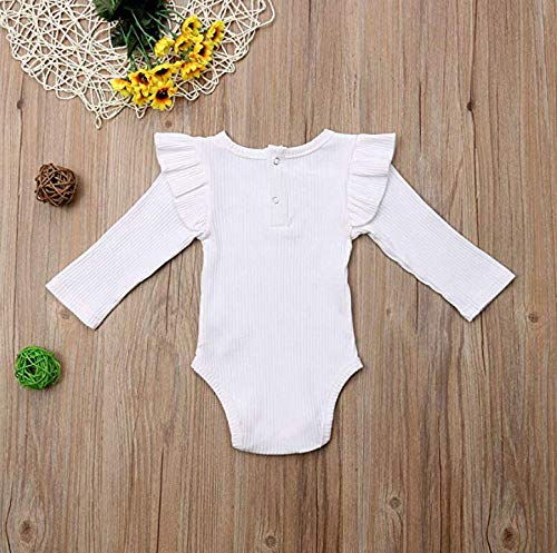 Mubineo Infant Baby Girl Basic Plain Rib Knit Ruffle Long Sleeve Romper Bodysuit Tops (White, 12-18 Months)