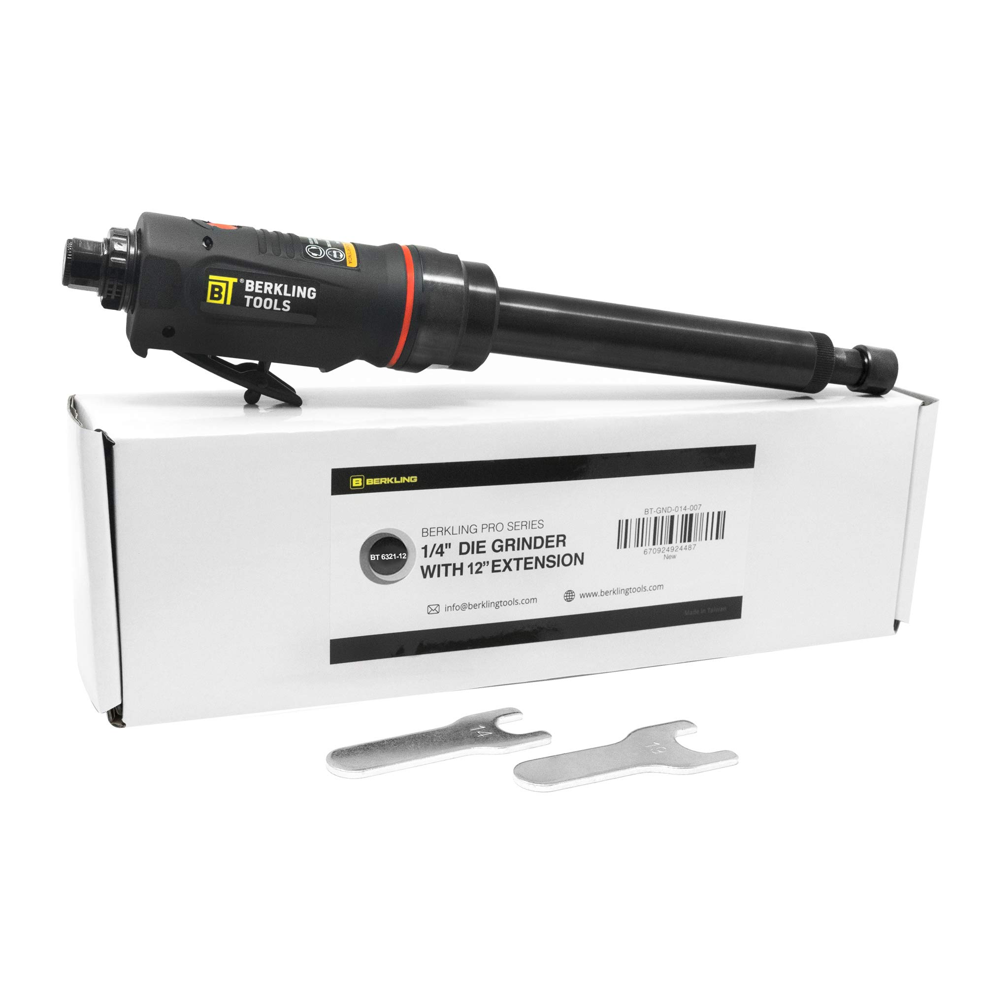 Berkling Tools BT 6321-12 | 12" Extra Long Extension 1/4β Straight Air Die Grinder, Professional Grade Heavy Duty Variable High Speed (Straight, 12" Extension)