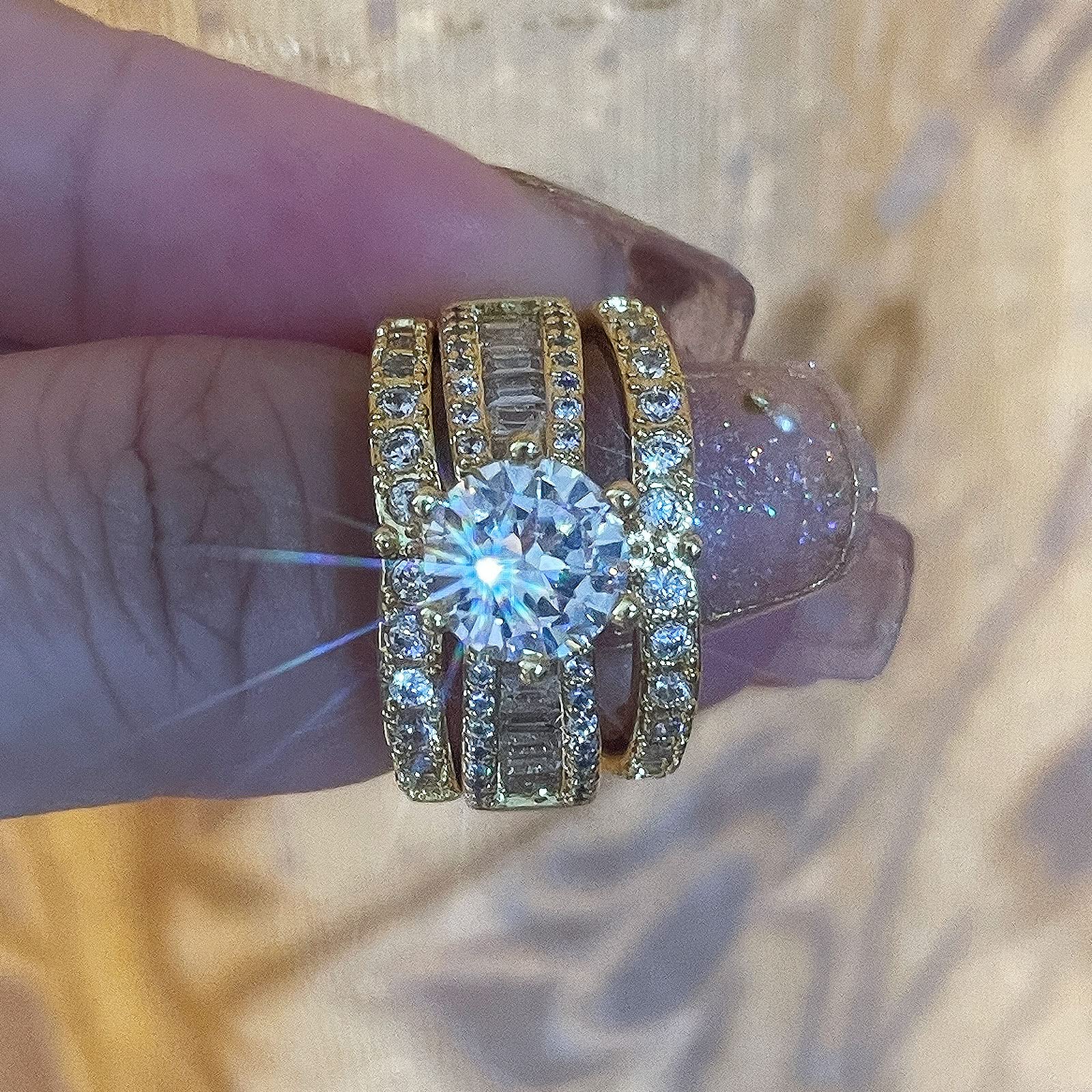 Ahloe Jewelry 2.3Ct Wedding Rings for Women Engagement Ring Set Bands 18k Yellow Gold Three in One Cz 3pcs Size 8