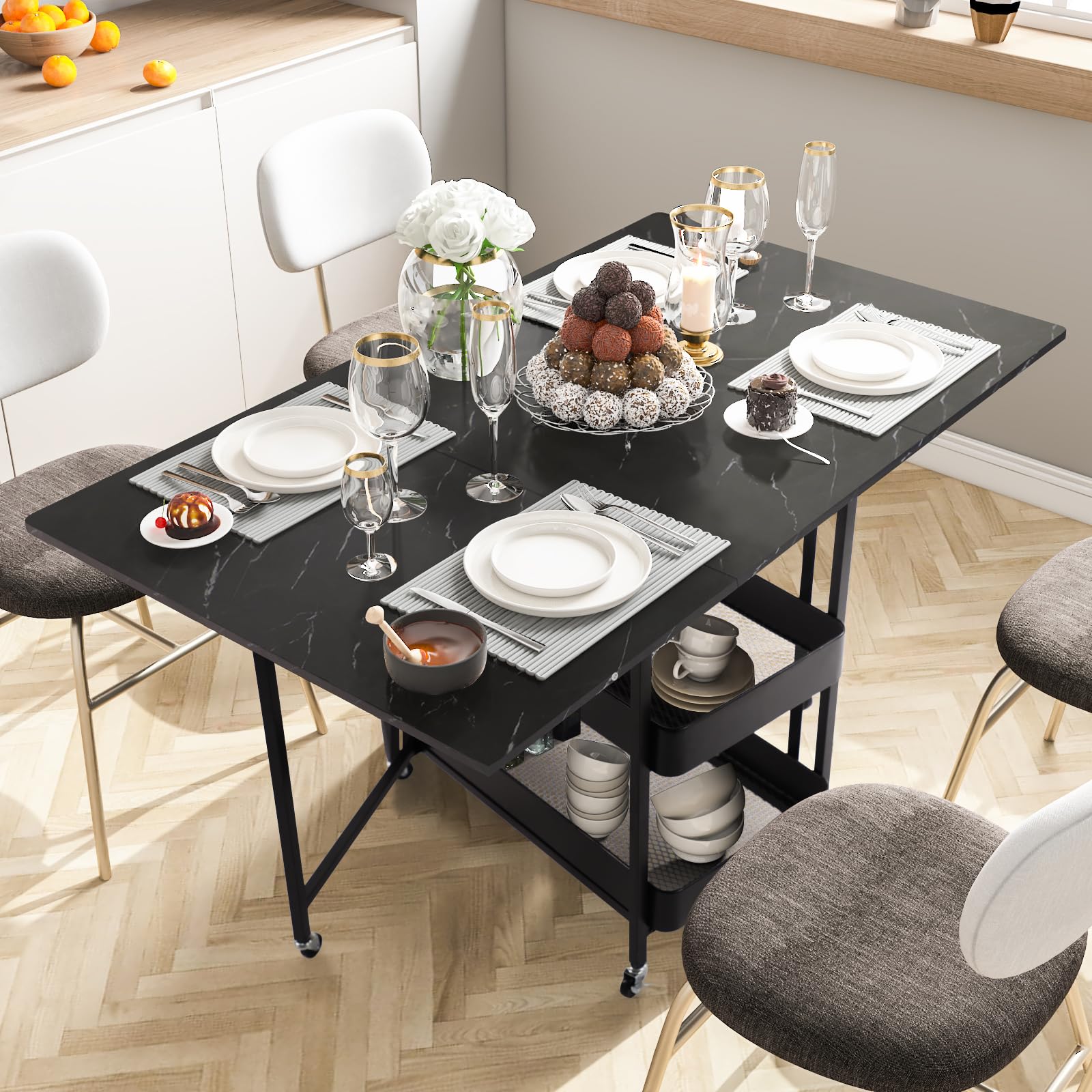 ADOFFUR Folding Dining Table, Foldable Kitchen Table with Storage, Space Saving Extendable Folding Dinner Table with 6 Wheels for Kitchen, Small Spaces, Living Room - Black