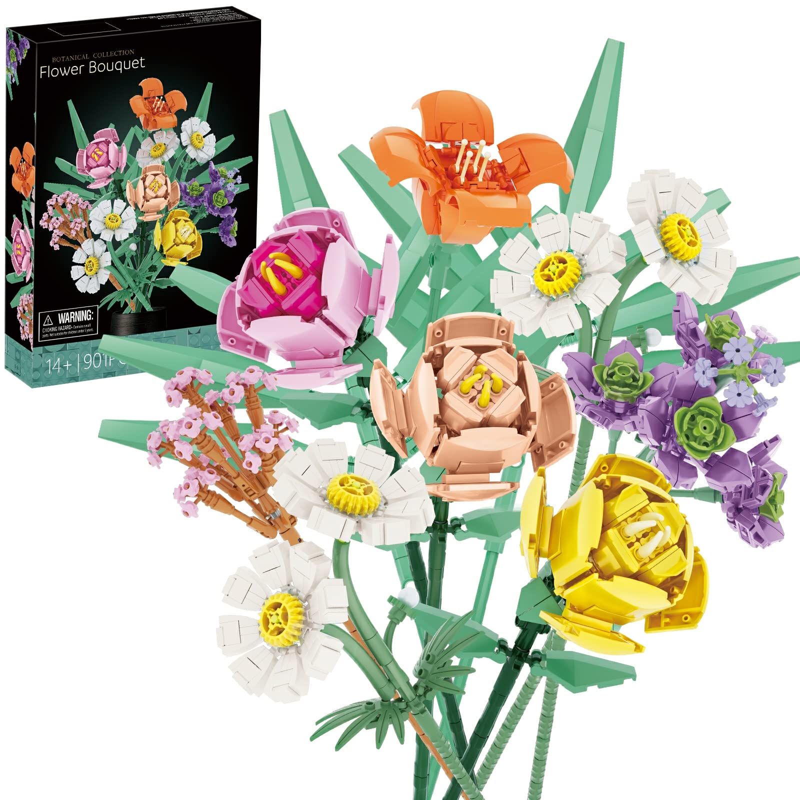 Allupal 10 Ideas Flowers Bouquet Building Set, Plant Display Decor Set for The Home or Office, Creative Gift for Adults and Age 14+ (901 Pieces)