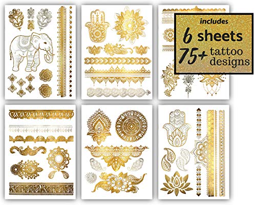 Terra Tattoos Gold Metallic Temporary Tats Geometric Henna Designs Waterproof Nontoxic Long Lasting Perfect for Beach, Festivals, & more! (Maya)
