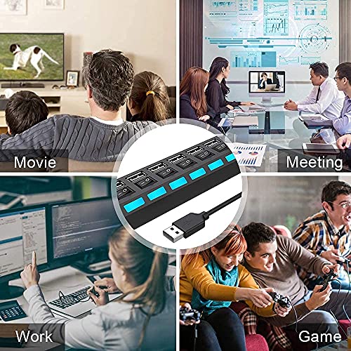 USB Hub Multi Port Splitter - LOBKIN 7 Port Data Hub USB 2.0 with Individual On/Off Switch and LED Lights Portable Desktop USB Hub Extender Ports for Laptop Computer PC MacBook