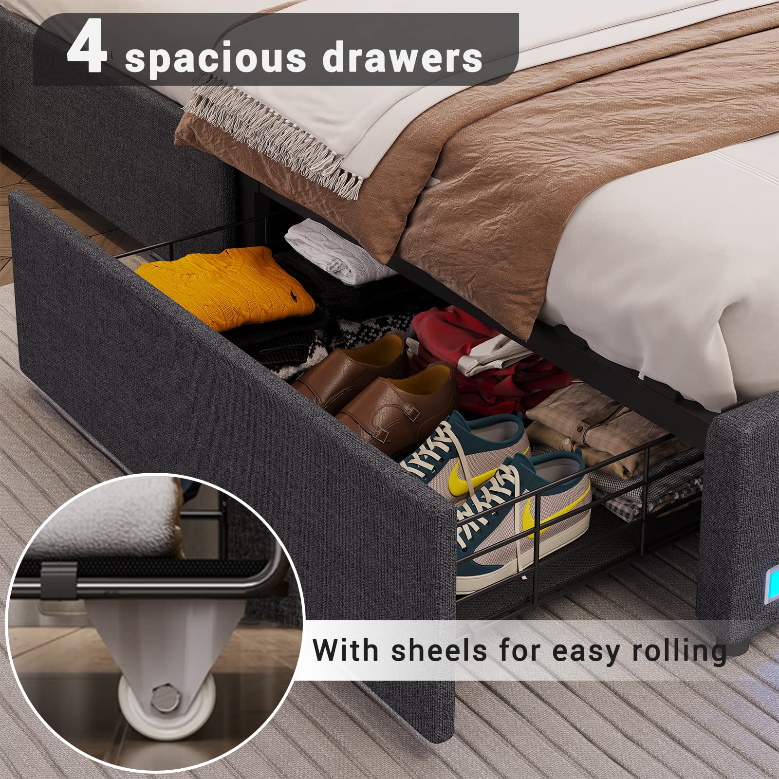 ADORNEVE Full Size Bed Frame with 4 Drawers, LED Bed Frame Full with 2 USB Charging Station, Upholstered Platform Bed with Adjustable Headboard and LED Lights, No Box Spring Needed, Dark Grey