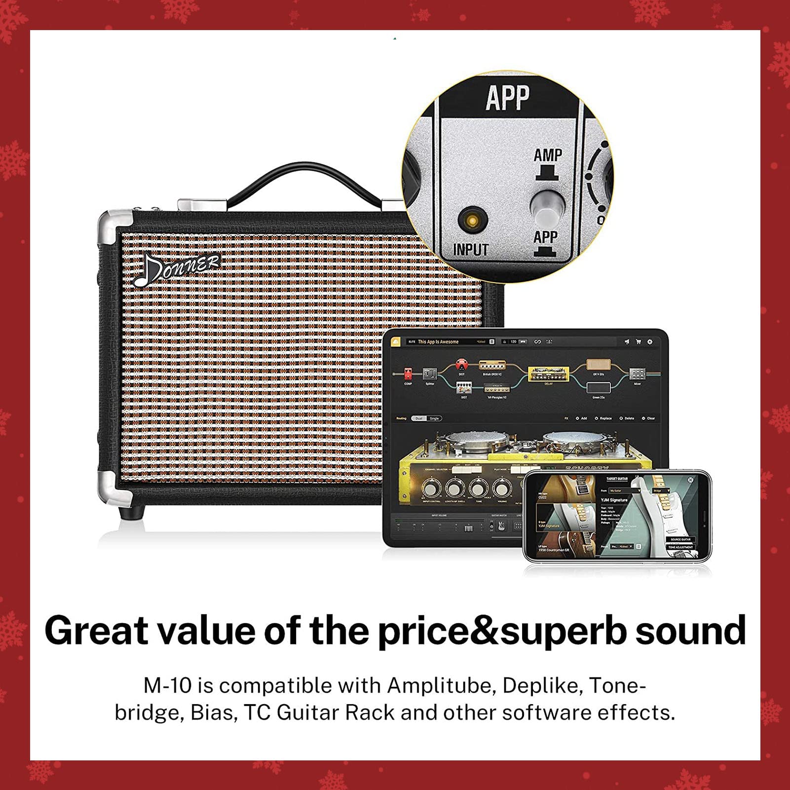 Donner 39 Inch TL Electric Guitar & 10W Guitar Amplifier, Electric Bass Guitar Amp Protable with APP Effector Input for Recording，Acoustic Guitar Combo Practice Amp Protable M-10 with Distortion Tone