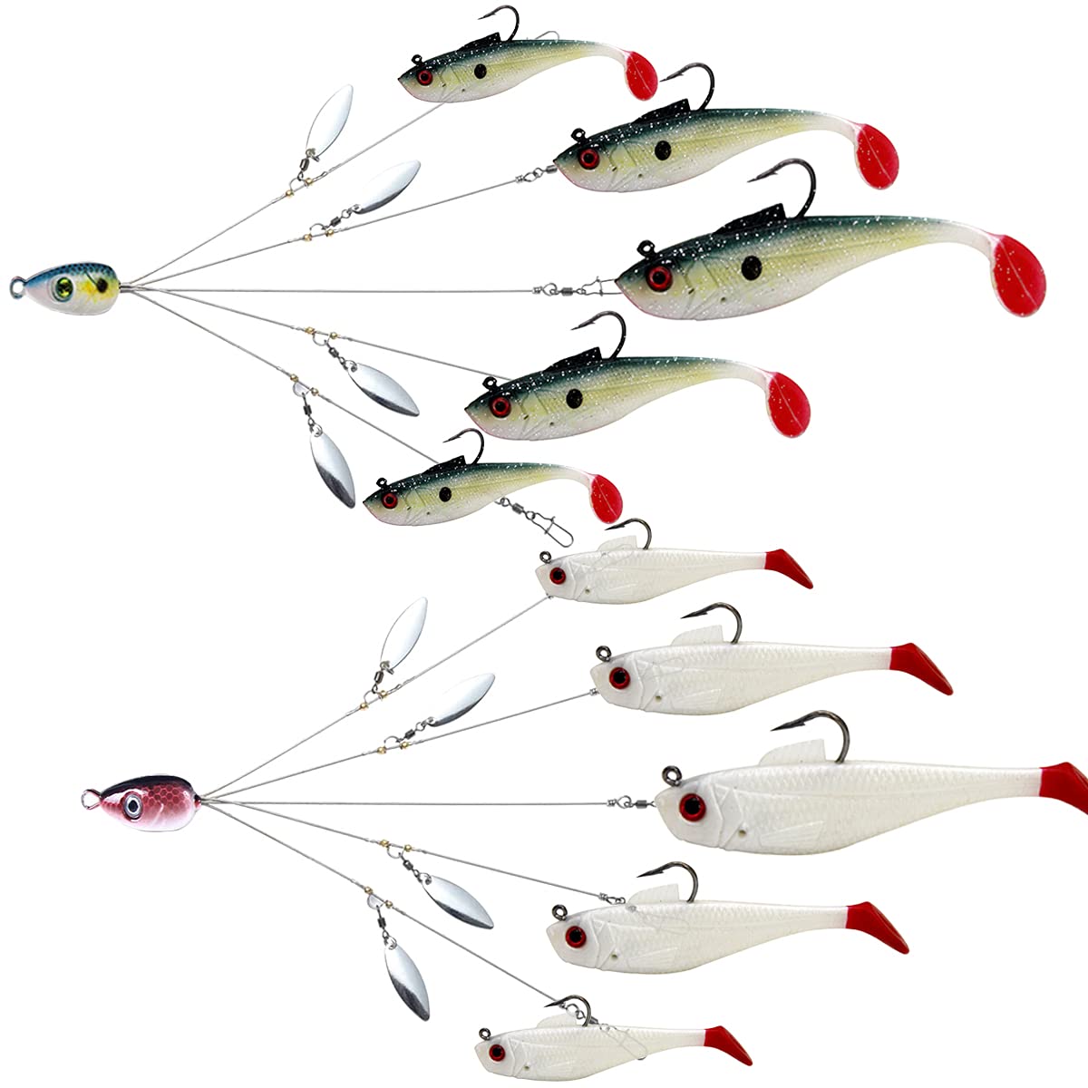 Alabama Boat Trolling Rigs for Bass Crappie Striper, 5 Aarms A-Rig Fishing Lures, Umbrella Rig Kit with Weedless Jig for Fresh and Salt Water