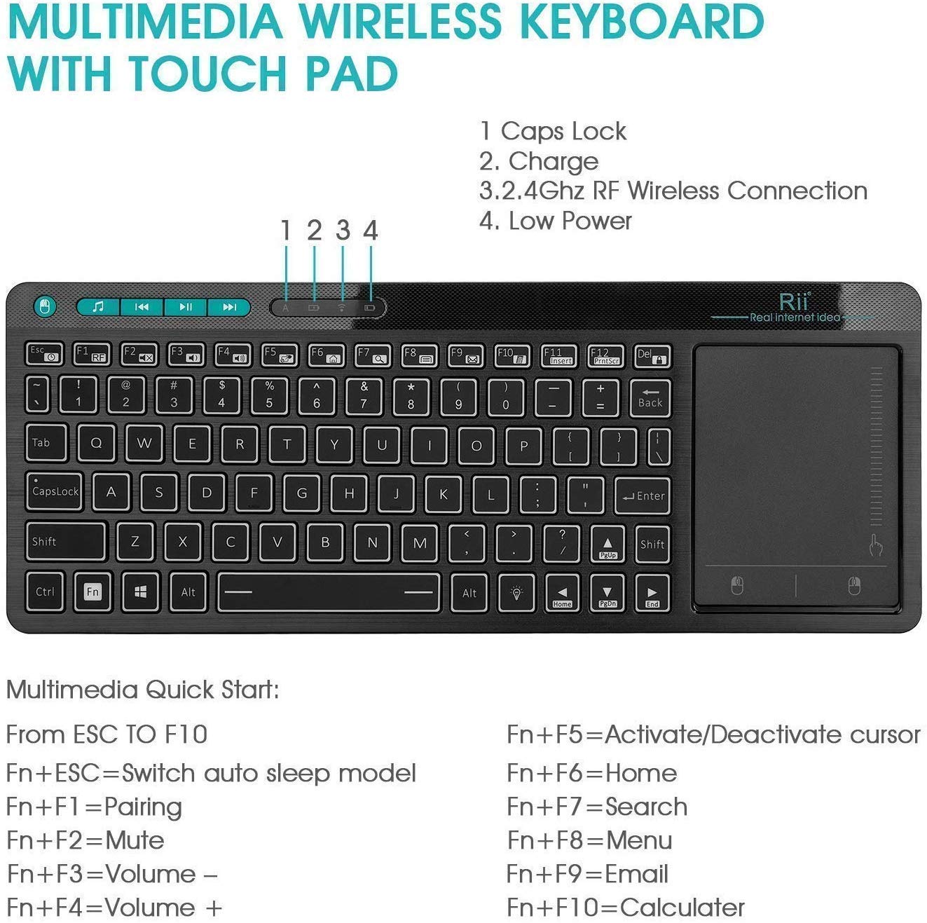 Rii K18 Plus Wireless 3-LED Color Backlit Multimedia Keyboard with Multi-Touch Big Size Trackpad,Rechargable Keyboard for Android TV Box,PC,Smart TV,Xbox,Raspberry Pi, HTPC IPTV,Windows, MacOS (2.4G)