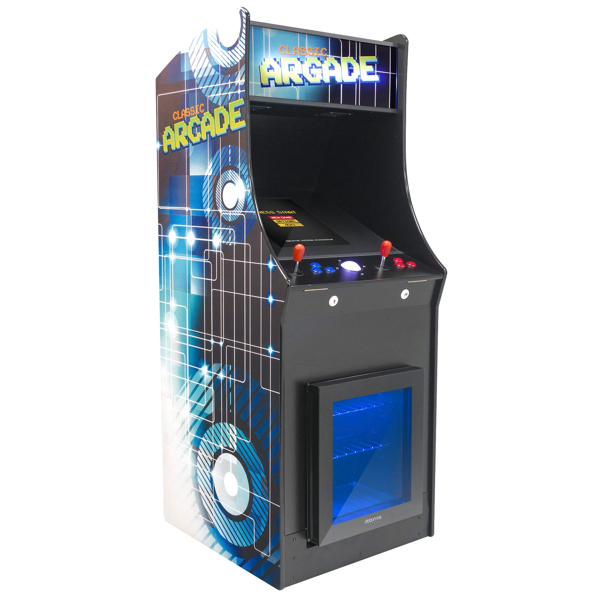 Creative Outdoor Distributor Full Size Stand-Up Commercial Grade Arcade Machine-2 Player, 60 Games, 22 LCD Screen, 2 Sanwa Joysticks, Trackball, Built-in Fridge, 2 Stools Included