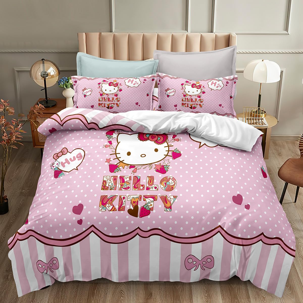 BerBo 3 Piece Hello Bedding Set Printed Duvet Cover Set Printed Bed Quilt Kitty Cover with Pillowcases for Your Own Bedroom, Queen