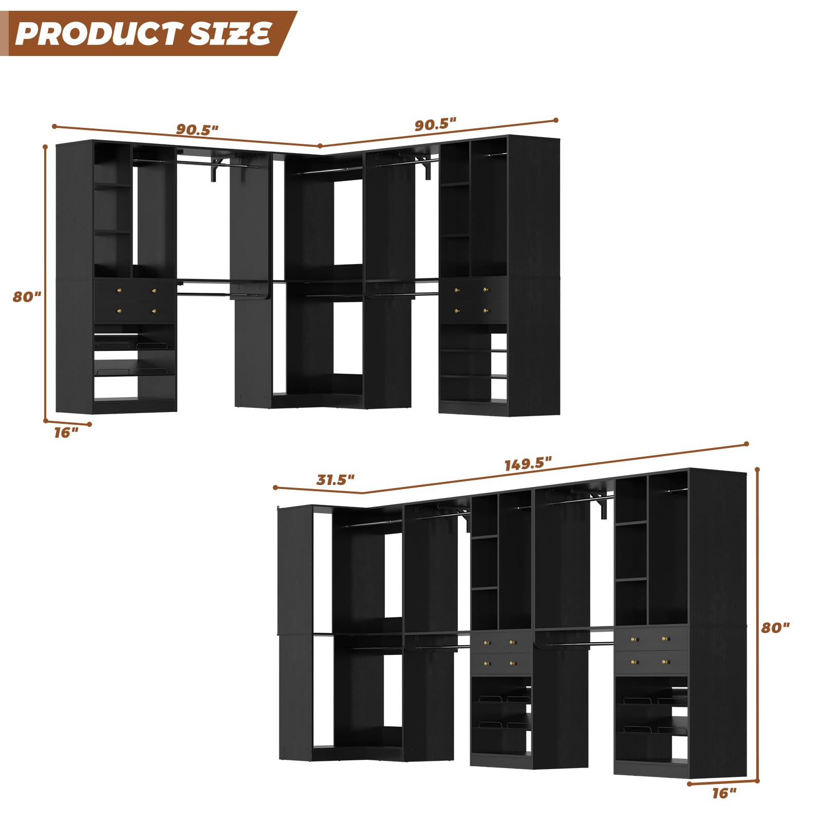 Besiost Closet System with Corner(3 Sets), 90.5" Closet Organizer System with Drawers, Reversible Garment Rack with Shelves, Walk-in Closet System with Hanging Robs, White