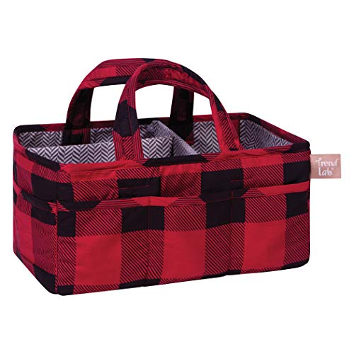 Red and Black Buffalo Check Storage Caddy-Buffalo Check Body and Handles, Herringbone Print Lining, Buffalo Check Trim, Red, Black, Grays, 12 in x 6 in x 8 in
