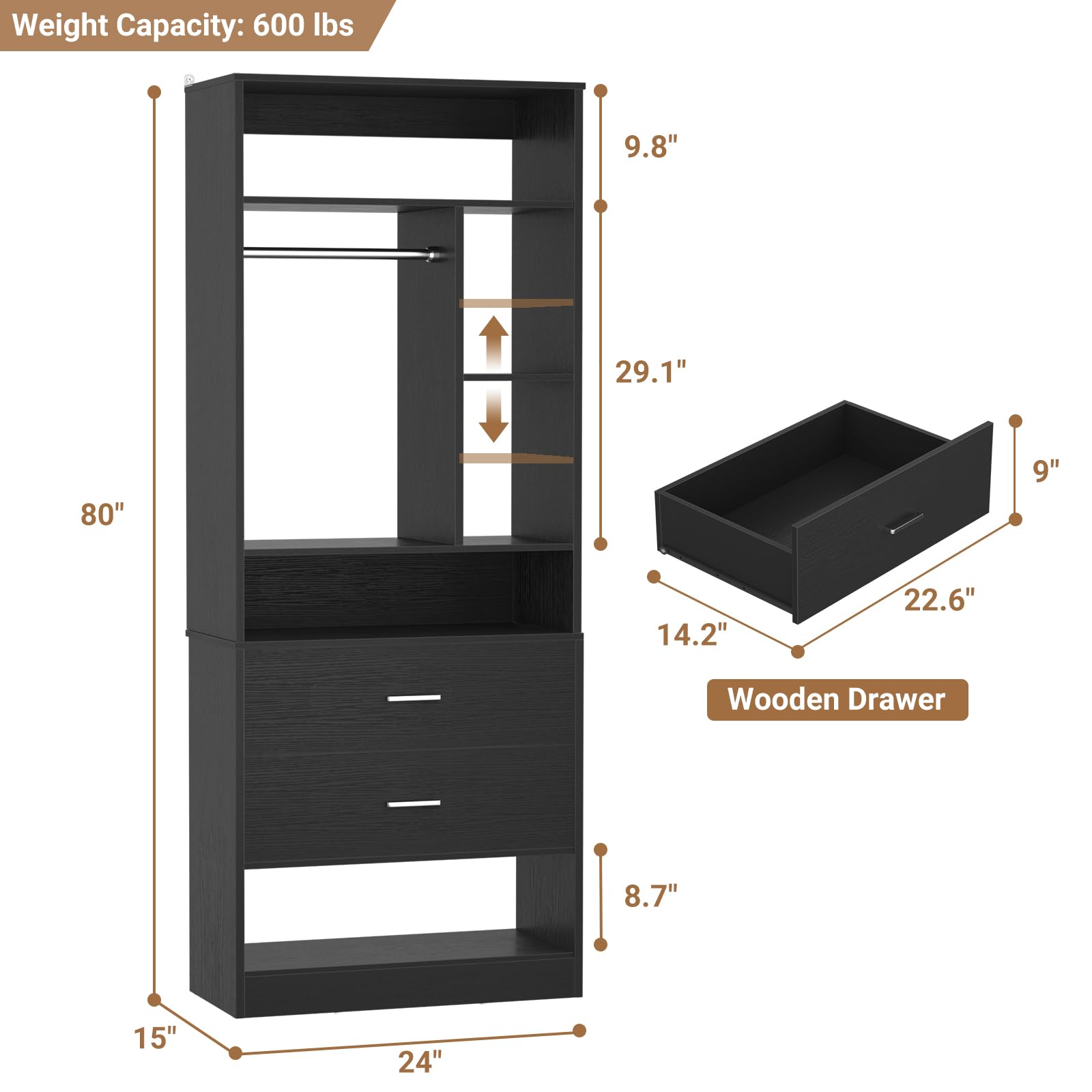 Besiost Freestanding 2FT Closet System with 3 Wood Drawers, 24" Closet Organizer System with Hanging Rod & Shelves, Walk-in Closet Systems for Small Closets, White (24"L x 15" W x 80" H)