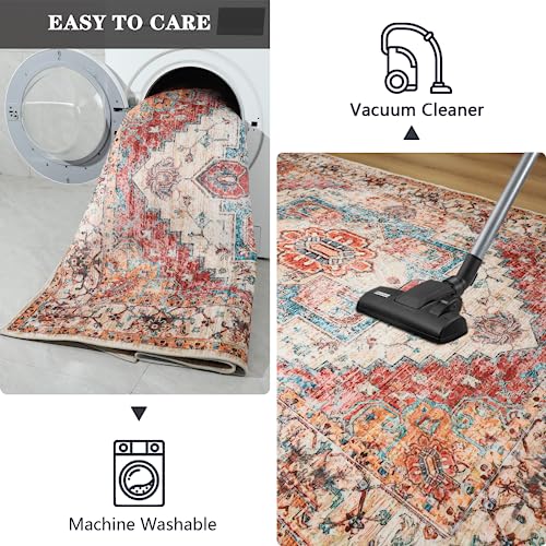 Comeet Washable Runner Rug - 2x6 Boho Hallway Runner Rug, Non-Slip Kitchen Bathroom Runner Rugs, Long Vintage Accent Area Rug for Entryway Laundry Bedroom Orange/Blue
