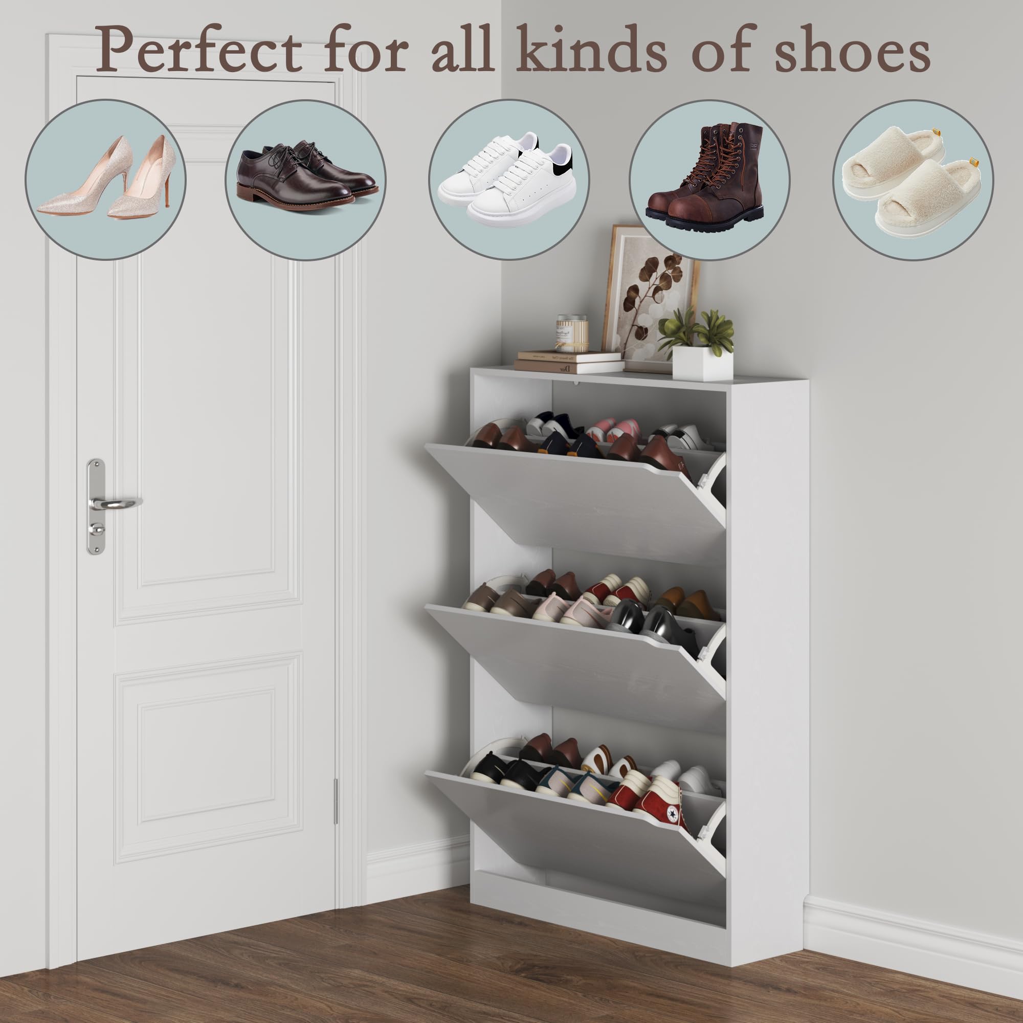 BORNOON Shoe Cabinet with 3 Flip Drawers, Hidden Wood Shoe Cabinet,Freestanding Shoe Storage Cabinet for Entryway Hallway.White. 47.2" H*31.5" W*9.25" D.