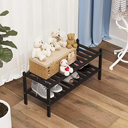 Dranixly Shoe Rack, 2-Tier Bamboo Stackable Shoe Shelf Storage Organizer, Shoe Stand for Closet, Entryway and Hallway (Black)