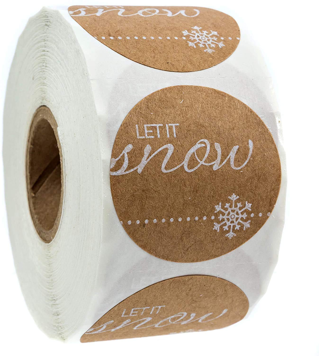 Let It Snow Holiday Stickers / 500 Brown Kraft Winter Snowflake Labels / 1.5" Christmas Card Envelope Seals