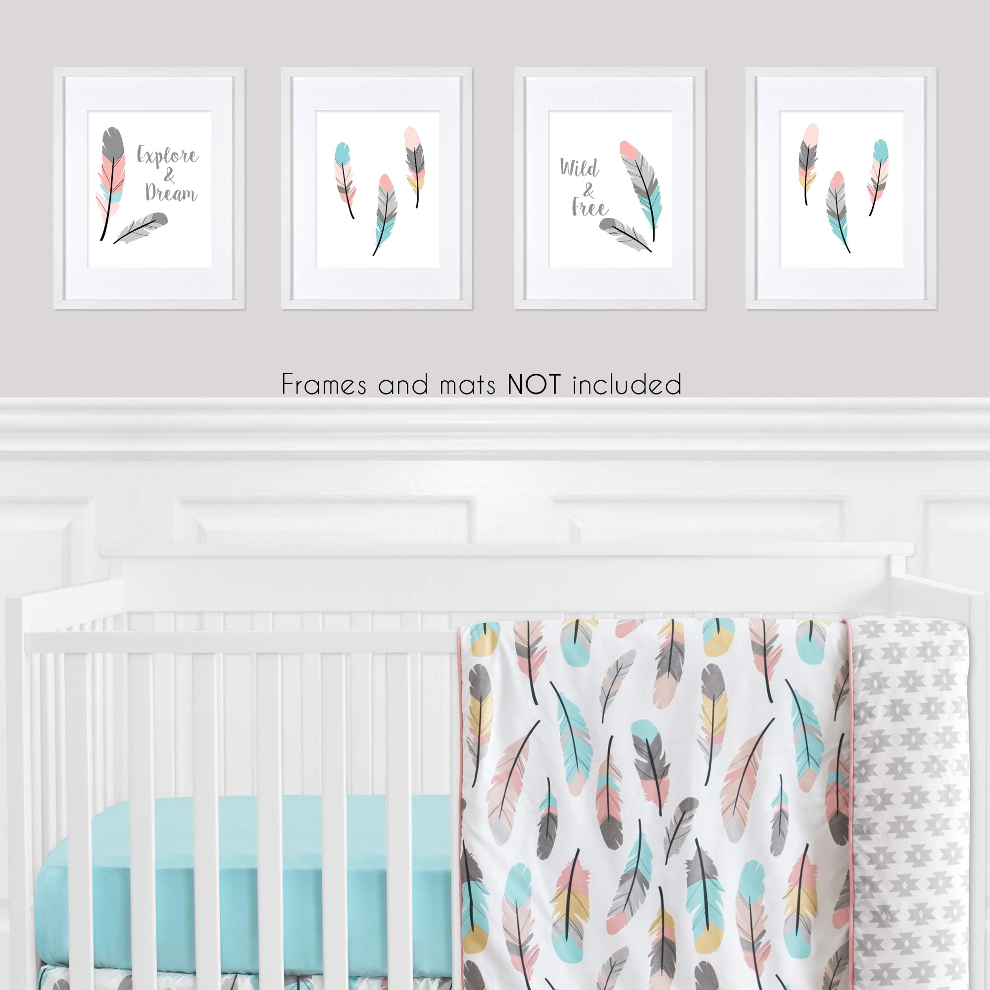 Sweet Jojo Designs Turquoise and Coral Boho Wall Art Prints Room Decor for Baby, Nursery, and Kids for Feather Collection - Set of 4 - Explore & Dream, Wild & Free