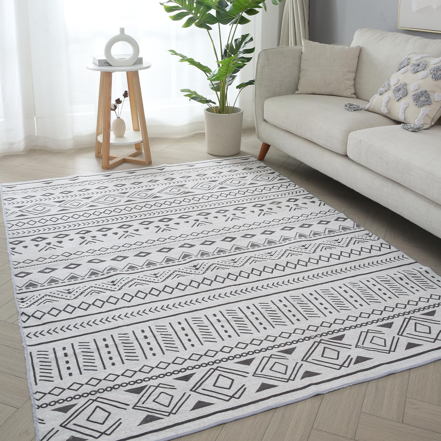 Area Rugs for Living Room, 4x6 Feet Soft Machine Washable Boho Farmhouse Rugs for Bedroom Under Dining Table - Non-Slip Neutral Morden Indoor Floor Carpet for Bedroom Dining Room Office