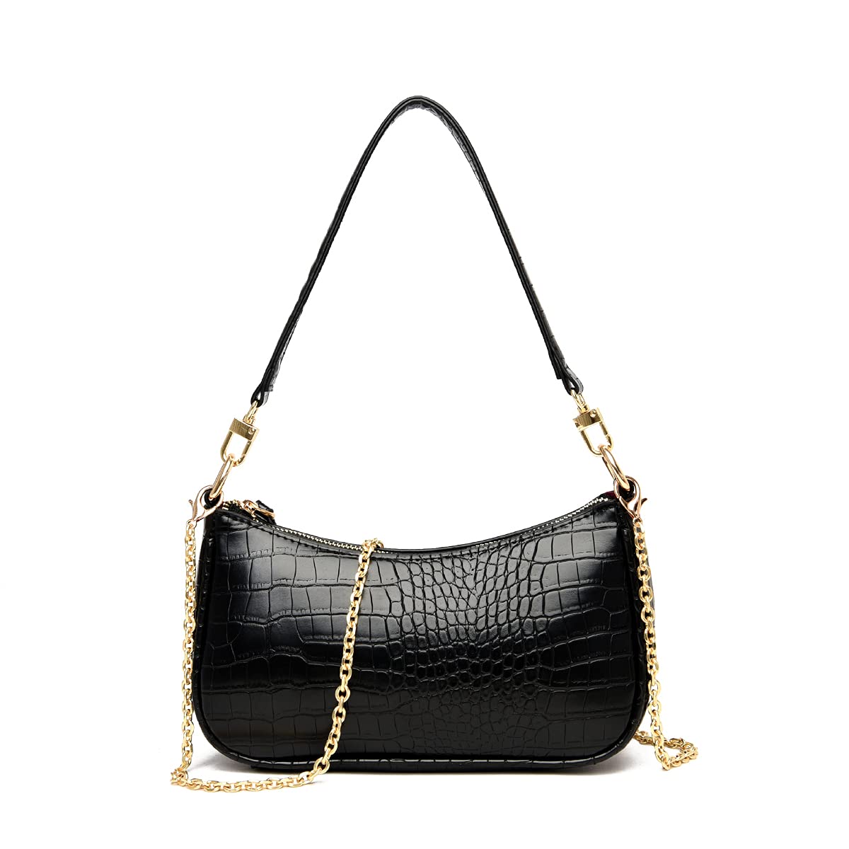 DOREAMALOE Retro Crocodile Purse Classic Clutch Shoulder Tote HandBag with Zipper Closure for Women (White-Pearl Chain)