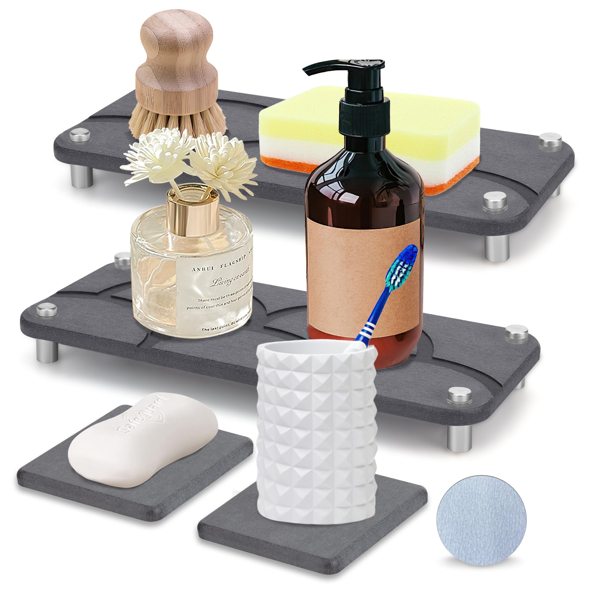 Yukee 4PCS Instant Dry Sink Caddy Kitchen Sink Organizer Stone Drying Tray, Water Absorbing Stone Tray for Sink Sponge Holder, Diatomaceous Earth Bathroom Tray Countertop Vanity Tray