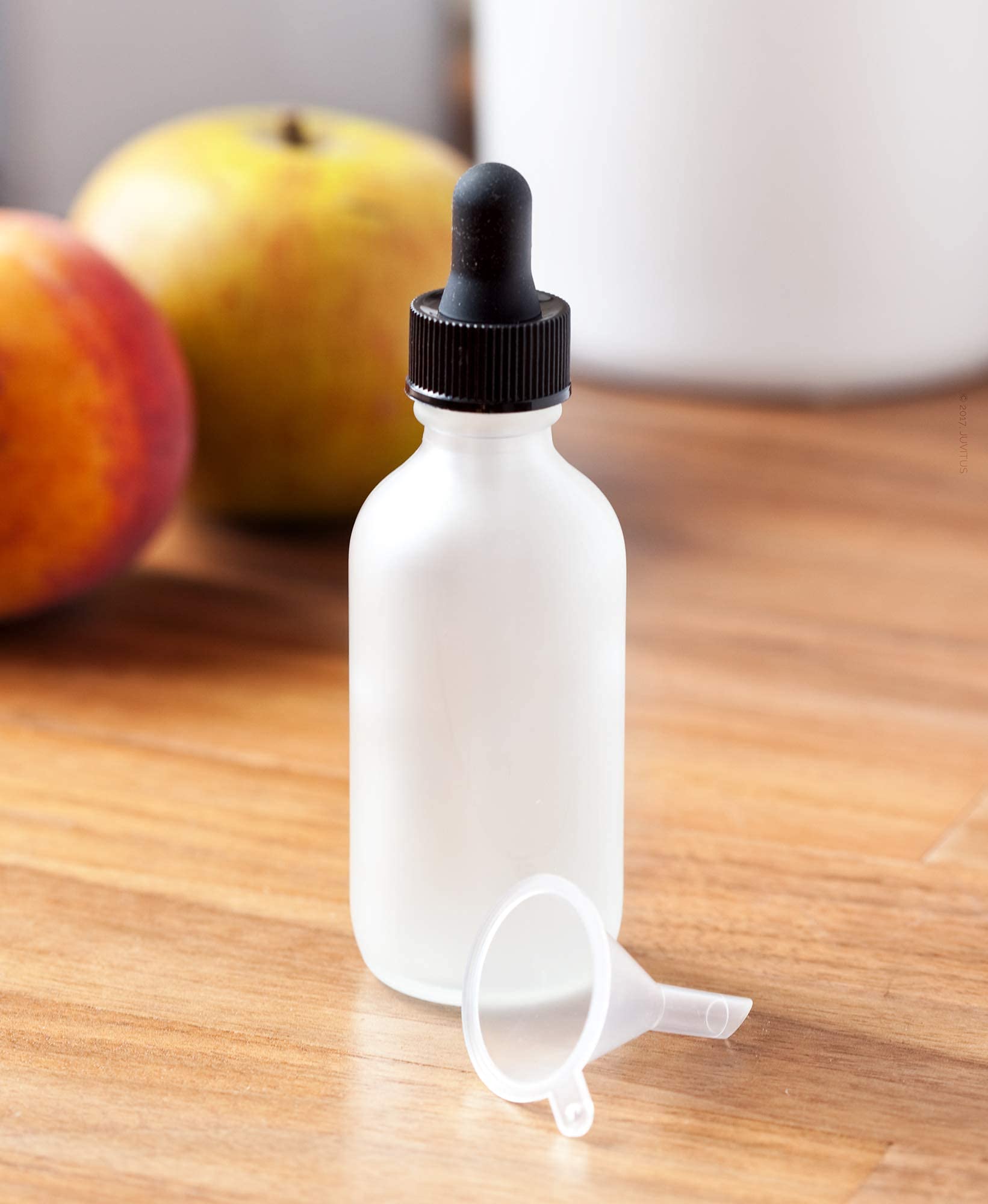 JUVITUS 2 oz / 60 ml Frosted Clear Glass Boston Round Bottle with Graduated Measurement Black Dropper (12 pack) + Funnel