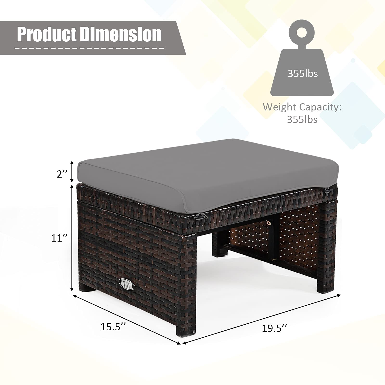 DORTALA 2 Piece Patio Wicker Ottomans, Outdoor Foot Rest with Cushions, PE Rattan Footstool for Patio, Garden, Poolside, Grey