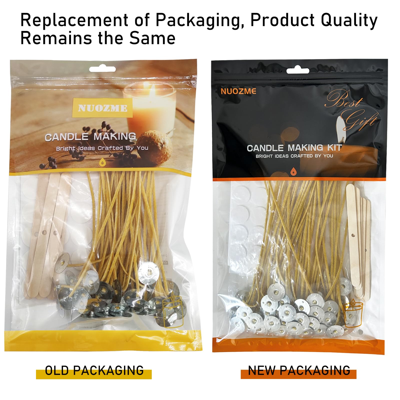 Nuozme 50 Pcs 6" Natural Candle Wicks,Pre-Waxed by 100% Beeswax & Tabbed with 60Pcs Candle Wick Stickers and 5 Pcs Wooden Candle Wick Centering Device, for Candle Making,Candle DIY