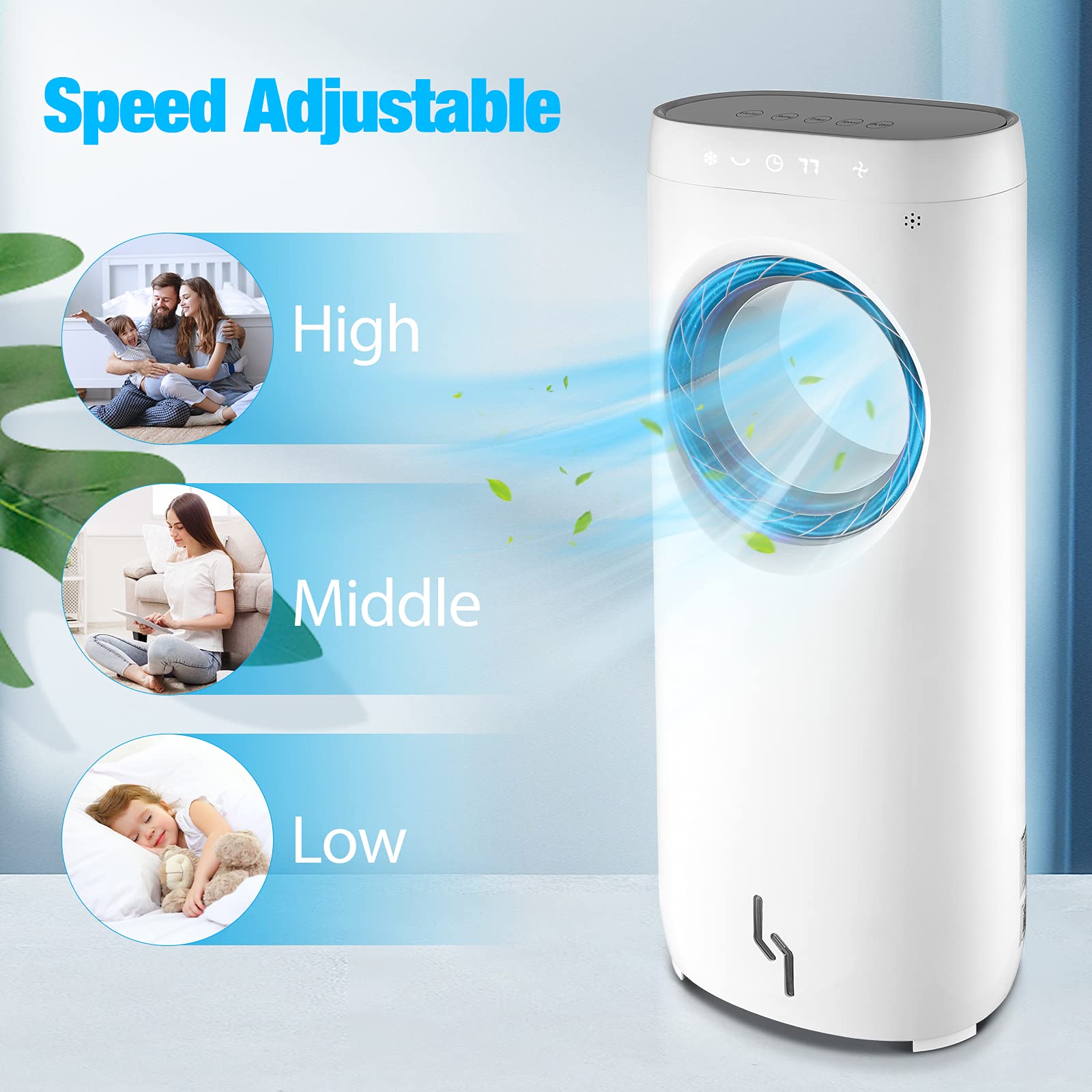 Evaporative Air Cooler - Trustech Portable Air Cooler, Cool & Humidifying with 3 Speeds, 12H Timer Evaporative Cooler, Bladeless Fan Ice Boxes Contained, Remote Control Tower Fan for Large Room Office