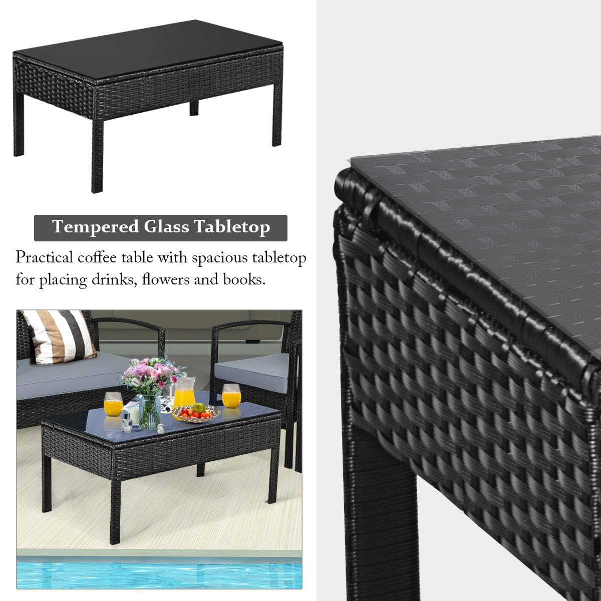 DORTALA 4 Piece Patio Furniture Set, Outdoor Rattan Wicker Conversation Set with Cushion & Coffee Table, Chairs and Table Set for Courtyard Balcony Garden, Black