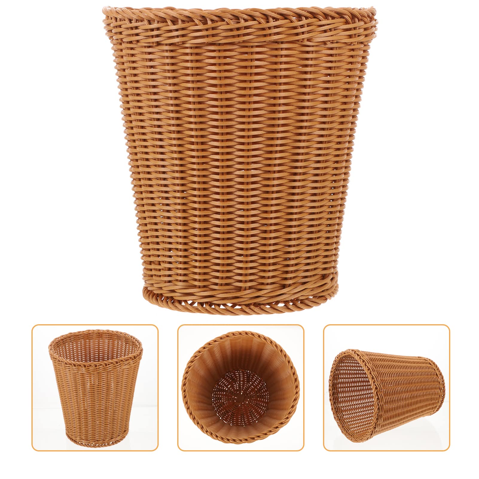 LIFKOME Round Rattan Waste Basket Woven Trash Can Paper Waste Basket Straw Wicker Sundries Storage Holder Garbage Container Bin for Bathroom Kitchen Office Brown