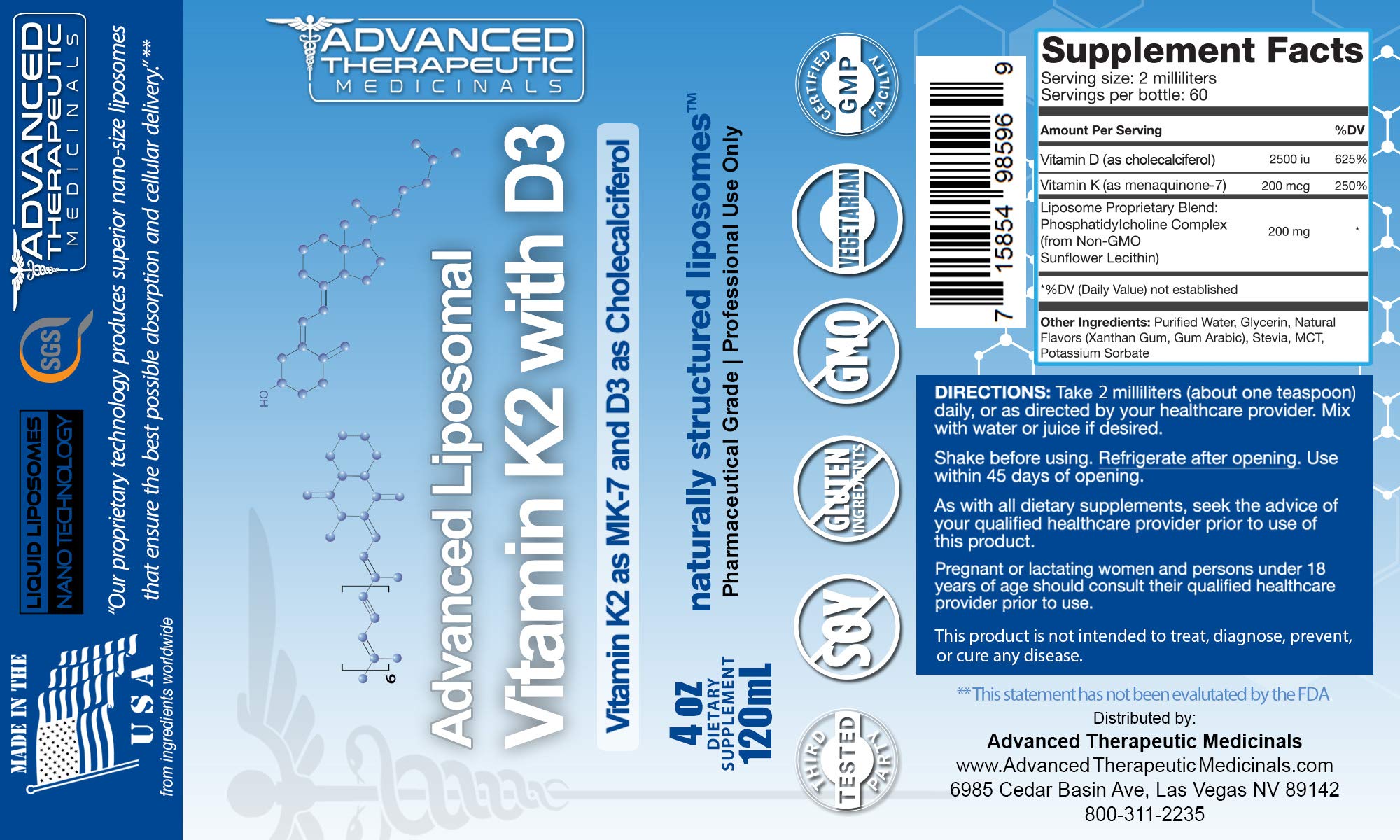 Advanced Liposomal Vitamin D3 K2 - Pharmaceutical Grade Liposome Liquid Vitamin D with Vitamin K2 as MK7 - 4 oz. of No Soy, Non GMO, Vegan K2 D3