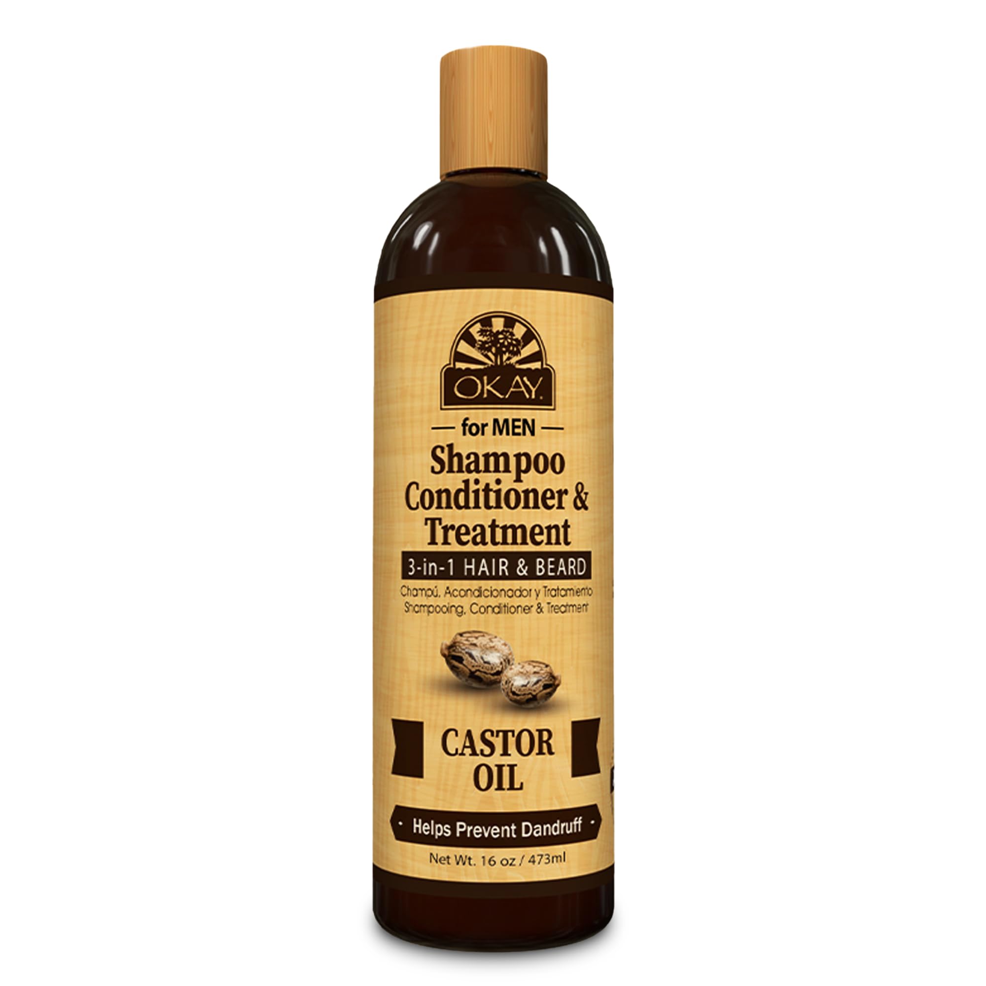 OKAY-MEN 3 in 1 Shampoo and Conditioner - Castor Oil Shampoo and Conditioner, Beard Wash, Clarifying Treatment for Dry Damaged Hair, Dandruff, Curly Hair - 16 Fl Oz (Pack of 1)