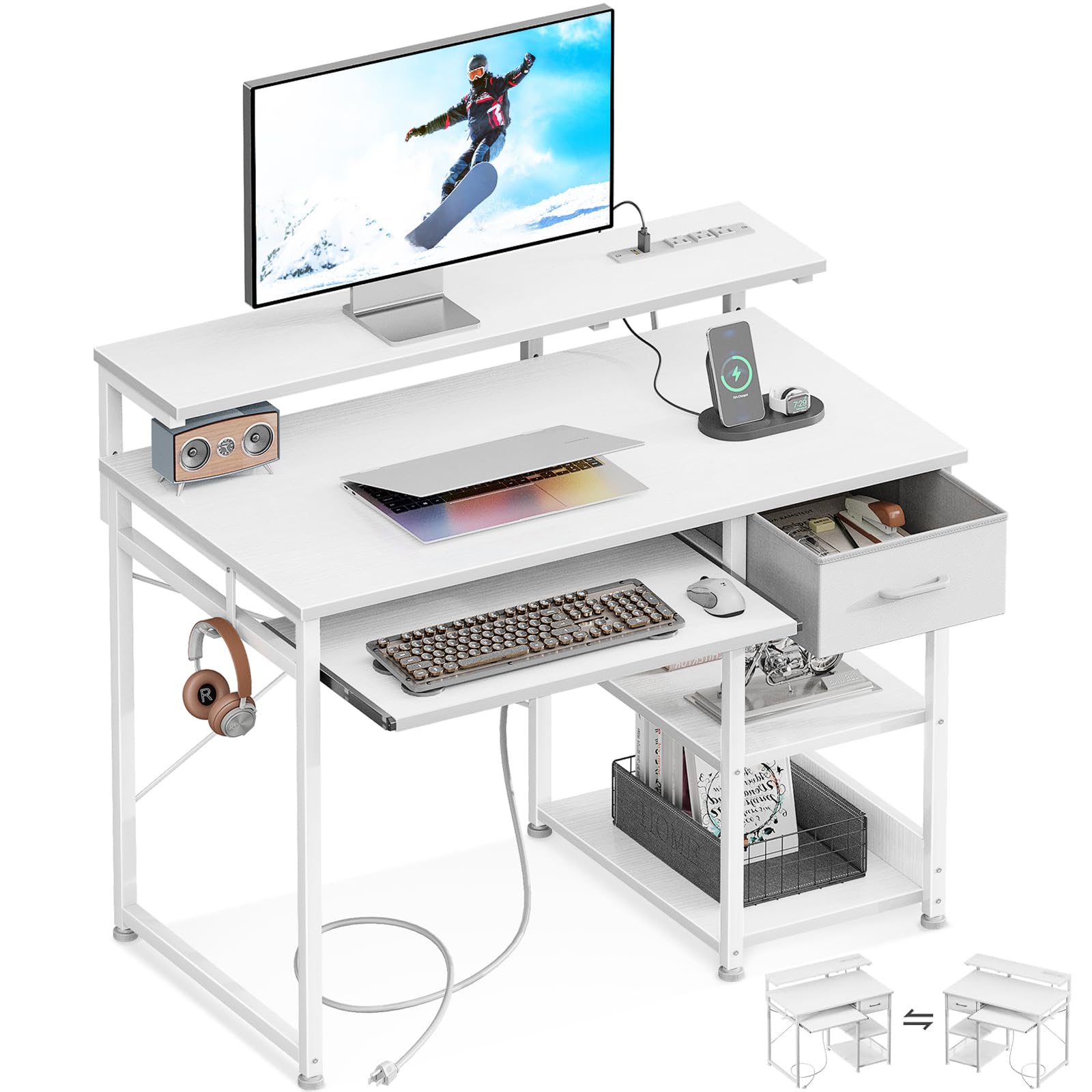 AODK Small Computer Desk with Keyboard Tray, 40 Inch Office Desk with Power Outlet, Work Desk with Drawer, Reversible Desk with Adjustable Monitor Shelf and Storage Shelf for Home, Rustic Brown