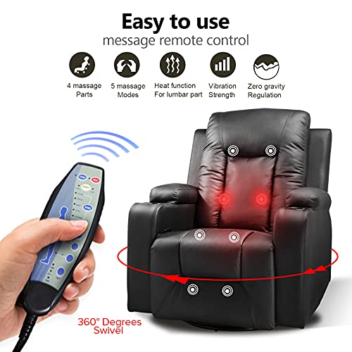 COMHOMA Leather Recliner Chair Modern Rocker with Heated Massage Ergonomic Lounge 360 Degree Swivel Single Sofa Seat with Drink Holders Living Room Chair (Black)