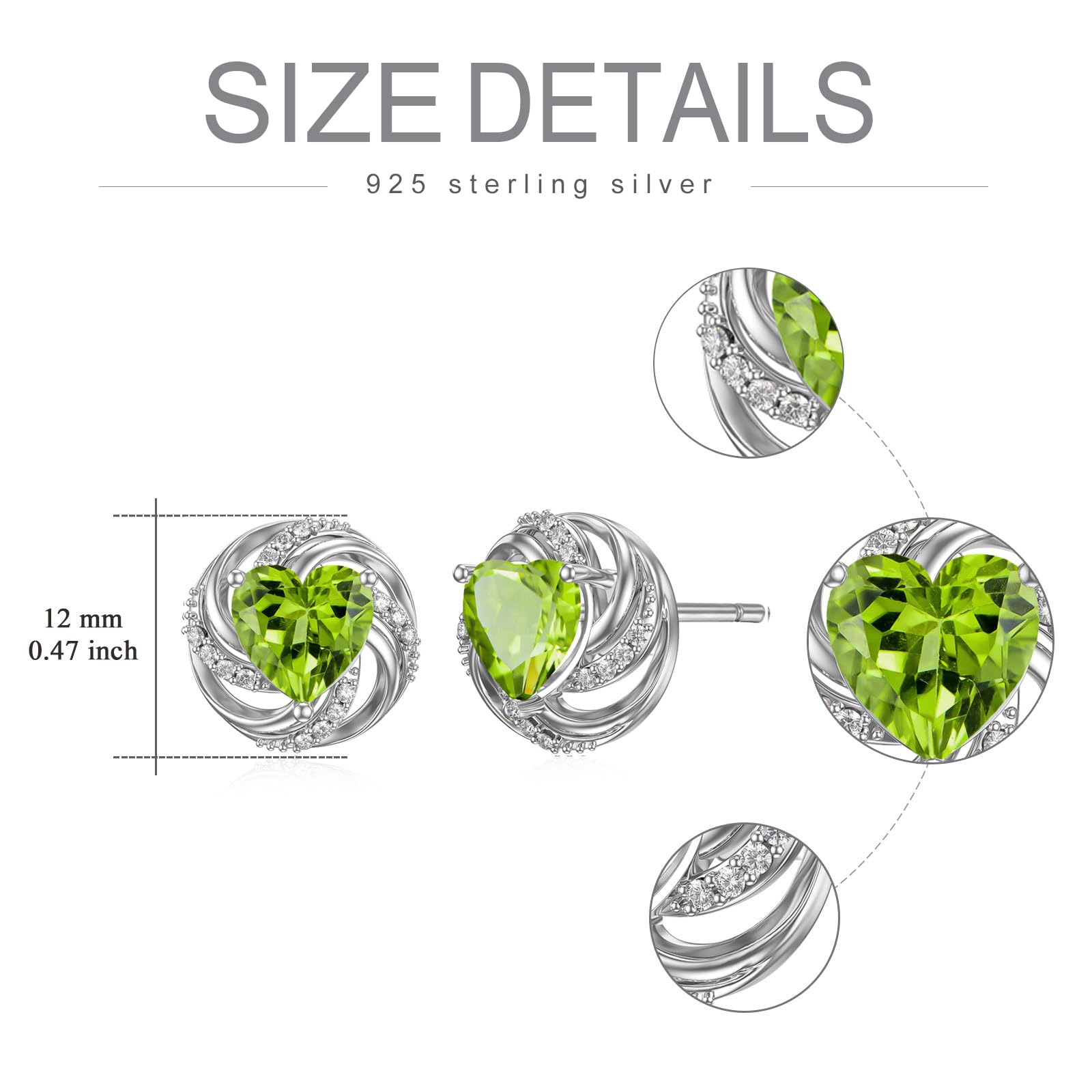 Althum Natural Peridot Earrings 925 Sterling Silver 7MM Heart Shaped Genuine Green Peridot August Birthstone Stud Earrings for Women