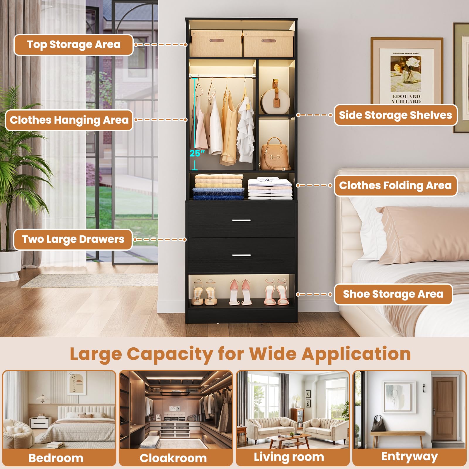 Besiost Freestanding 2FT Closet System with 3 Wood Drawers, 24" Closet Organizer System with Hanging Rod & Shelves, Walk-in Closet Systems for Small Closets, White (24"L x 15" W x 80" H)