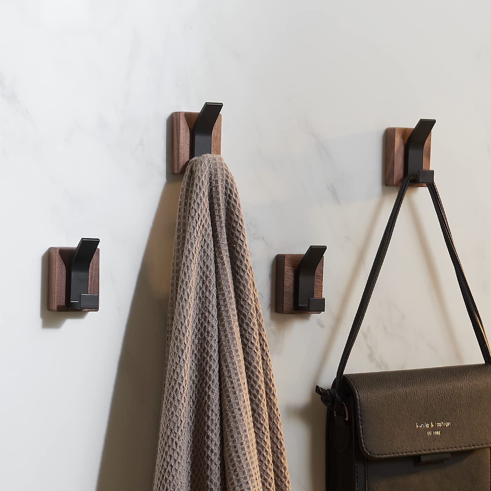AODORAN Coat Hooks Wall Mounted - 4 Pack Heavy Duty Towel Hooks for Wall Hanging Wood Black Rustproof Coat Rack Wall Mount Wall Hooks Bag Key Hat Hanger