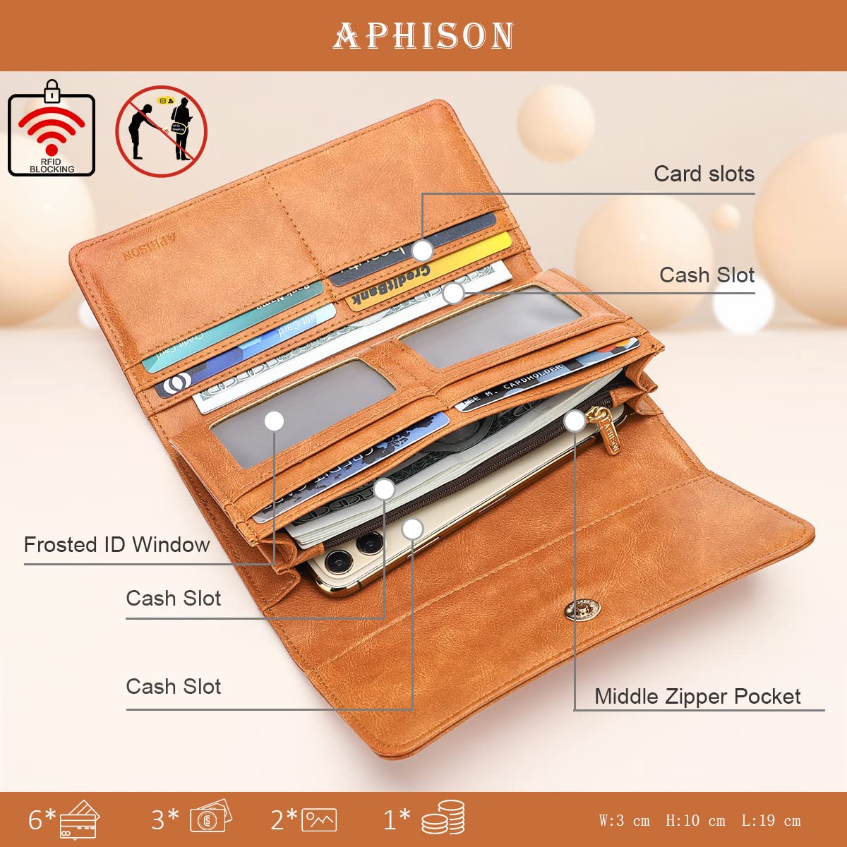 APHISON Womens Wallets RFID Blocking PU Leather Clutch Long Wallet for Women Card Holder Phone Organizer Ladies Travel Purse Hollow Out Sunflower Design Gift Box 2214 Brown