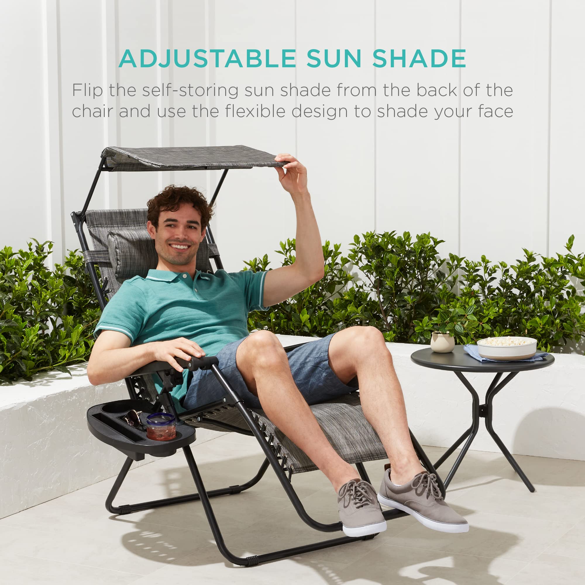Best Choice Products Folding Zero Gravity Outdoor Recliner Patio Lounge Chair w/Adjustable Canopy Shade, Headrest, Side Accessory Tray, Textilene Mesh - Gray