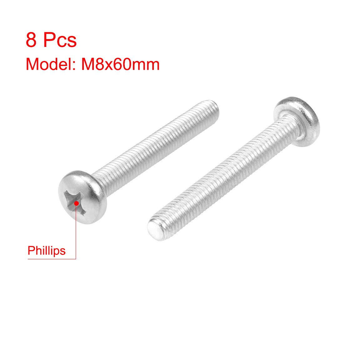 uxcell M8x60mm Machine Screws Pan Phillips Cross Head Screw 304 Stainless Steel Fasteners Bolts 8Pcs