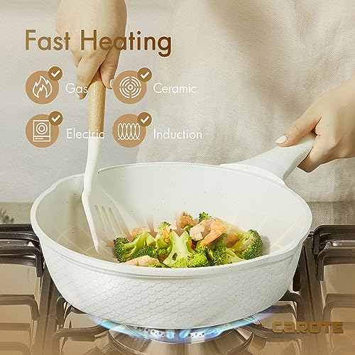 CAROTE 14 Pcs Nonstick Cookware Sets, Pots and Pans Sets Kitchen, Cooking Pots White Induction Non Stick Set w/Frying Pans & Saucepans(PFOS, PFOA Free)