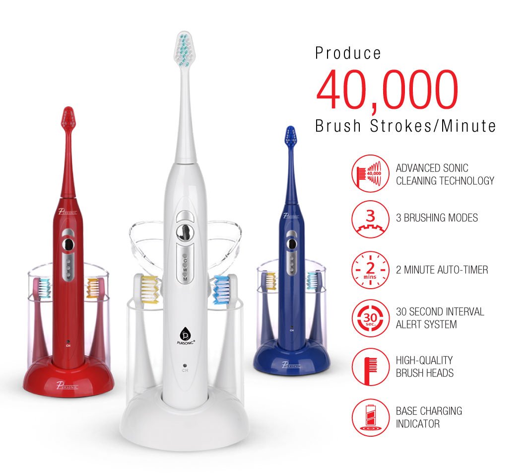 Pursonic S430 SmartSeries Electronic Power Rechargeable Sonic Toothbrush with 40,000 Strokes Per Minute, 12 Brush Heads Included (White)