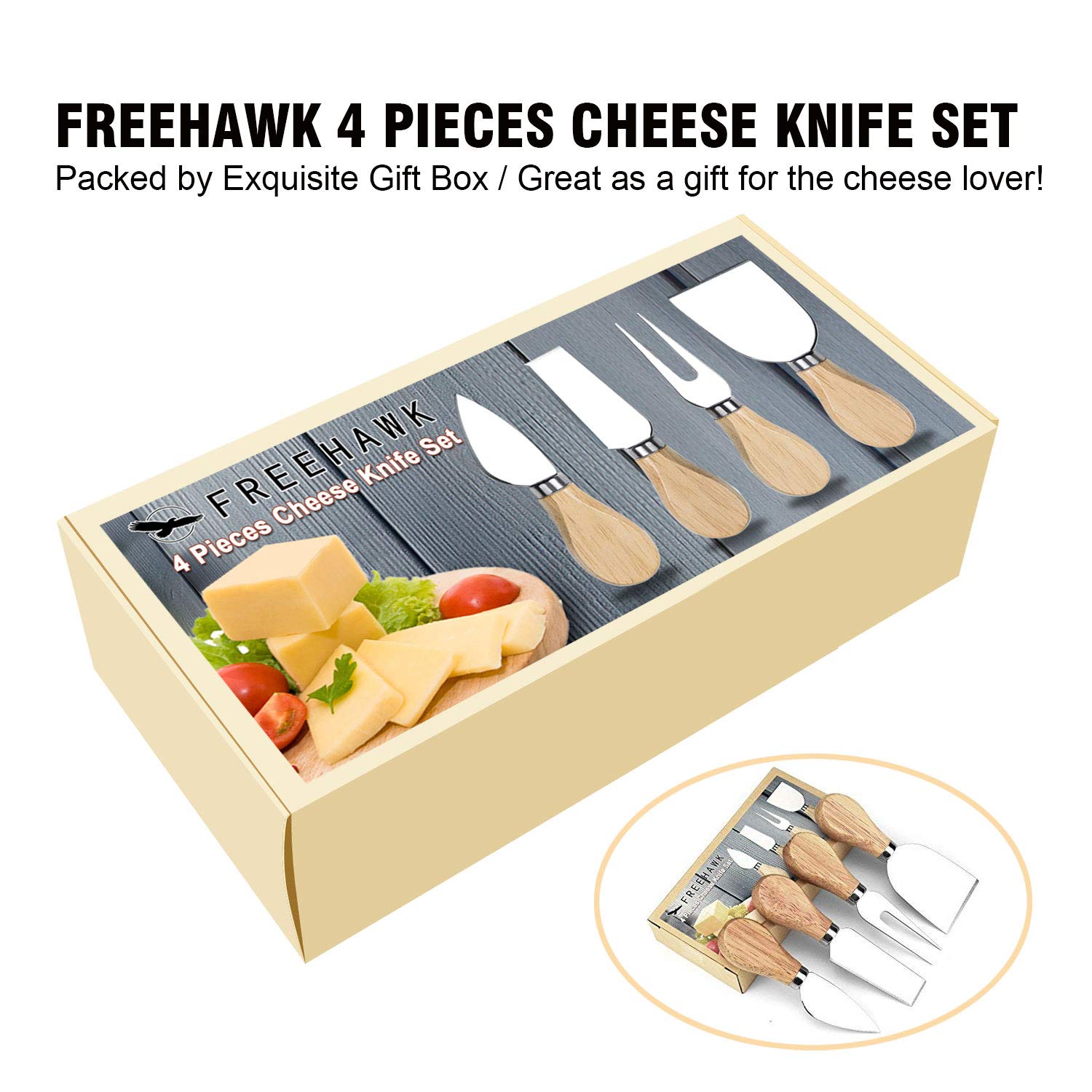 Freehawk 4 Pieces Set Cheese Knives with Bamboo Wood Handle Steel Stainless Cheese Slicer Cheese Cutter (Original Bamboo Handle)