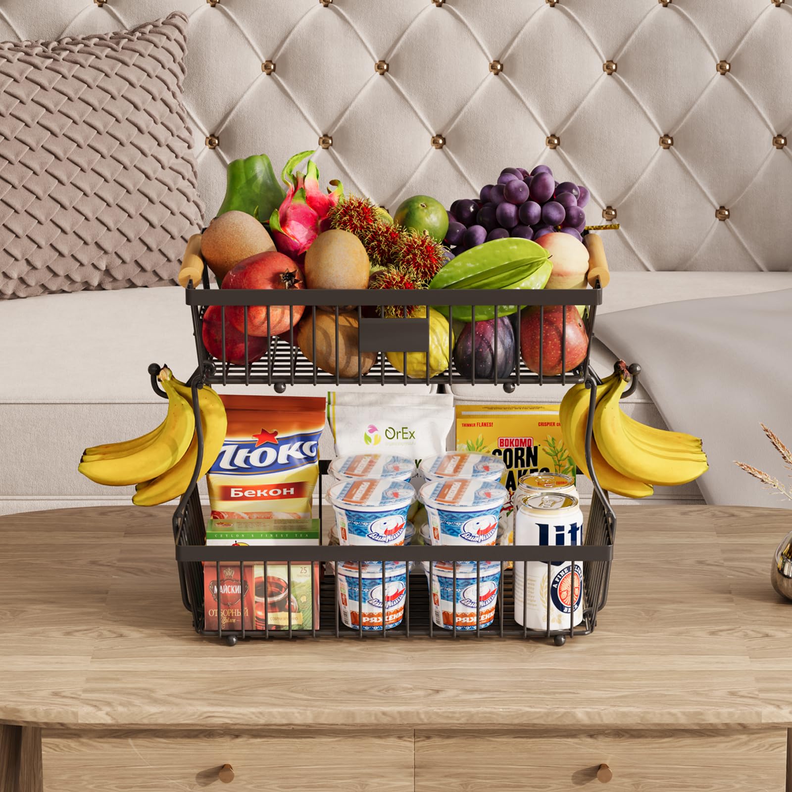 Astrorhine 2 Tier Fruit Basket for Kitchen with 2 Banana Hangers, Detachable Metal Wire Fruit Bowl for Kitchen Counter, Large Capacity Fruit Vegetables Storage Stand Holder for Snack Fruit Veggies