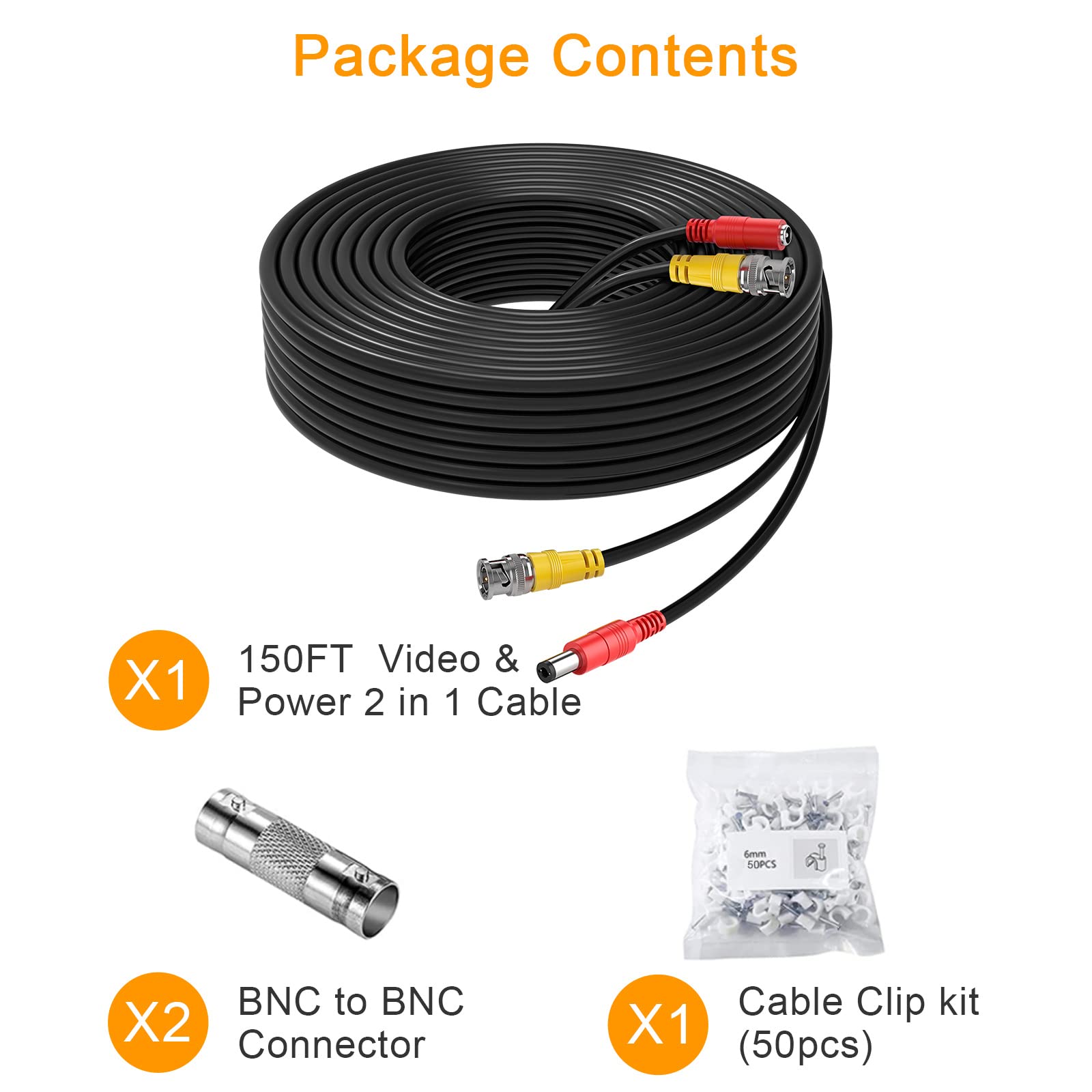 WILDHD BNC Cable 150ft All-in-One Siamese BNC Video and Power Security Camera Wire Cable, CCTV Cable with 2 Female Connectors for All Max 5MP HD CCTV DVR Surveillance System (150ft Cable,Black)