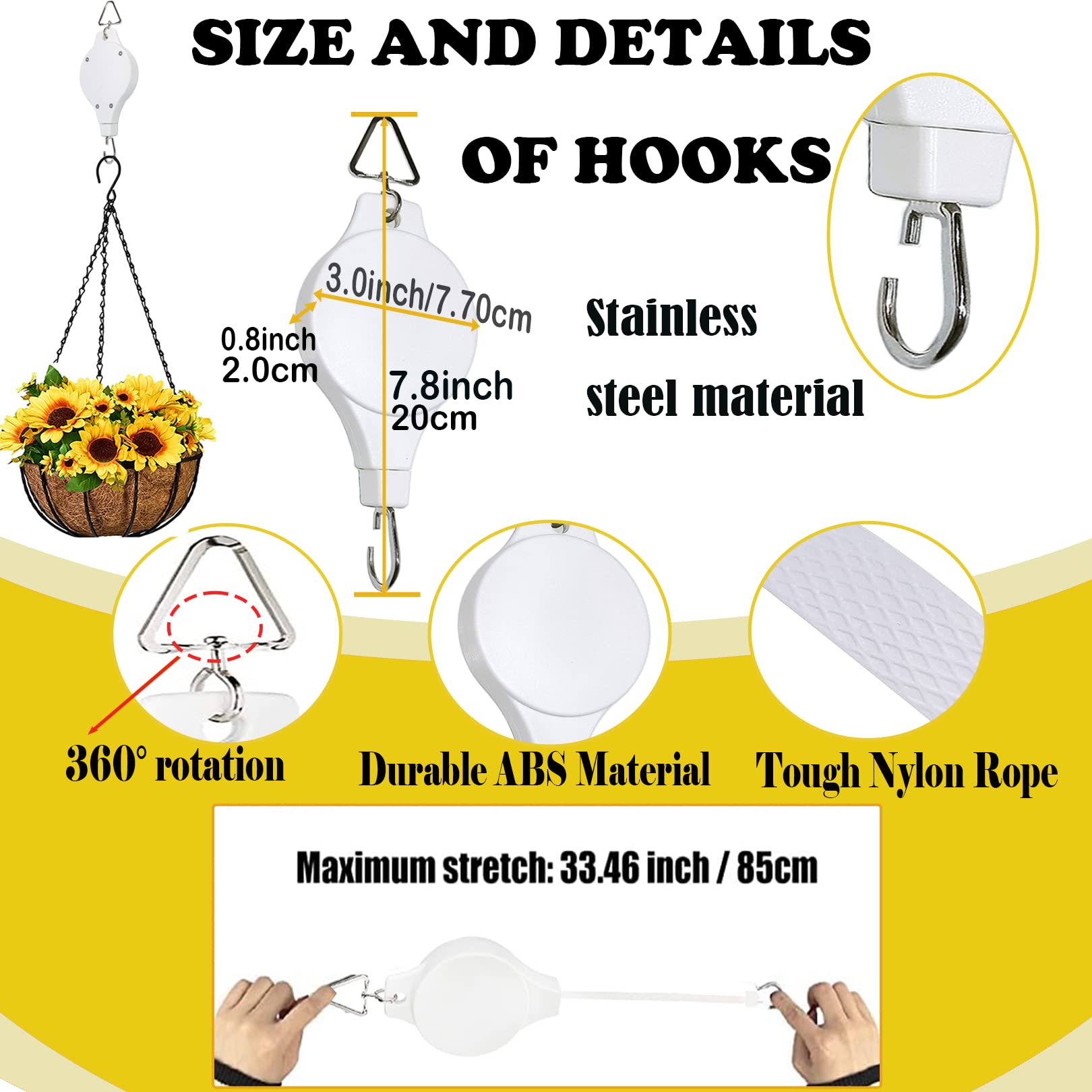 Adjustable Plant Pulley Hanger-2 Pack, Plant Pulley Retractable Hanger, Pully Hook for Hanging Garden Basket Pots, Bird Feeder Pulley Hanger for Hanging Plants Outdoor Heavy Duty